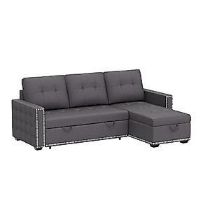 HABITRIO Sectional Sofa with Reversible Storage Lounge Chaise, 77" Modern L-Shape Corner Couch w/Roll-Out Sleeper Bed, Velvet Upholstered Nail Head Trim Seating Furniture for Living Room, Office