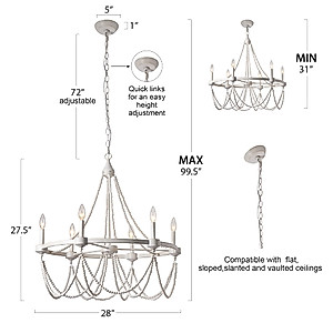 28 Inch White Beaded Chandelier Bohemian Style, 6-Light Retro Wood Country Chandelier, Farmhouse Chandeliers for Dining Room, (Bulb Not Included)