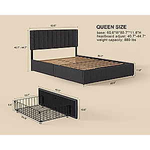 Gizoon Queen Bed Frame with 4 Storage Drawers, Upholstered Platform Bed with Headboard Adjustable, Fits 6” to 12” Mattress, No Box Spring Needed (Dark Grey)