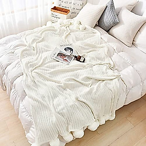Fomoom Pom Pom Throw Blanket, Knit Blanket with Pompom Tassels, Decorative Cotton Blanket for Easter Gift, Lightweight Pom Poms Knitted Blanket (Off-White, 39"x59")