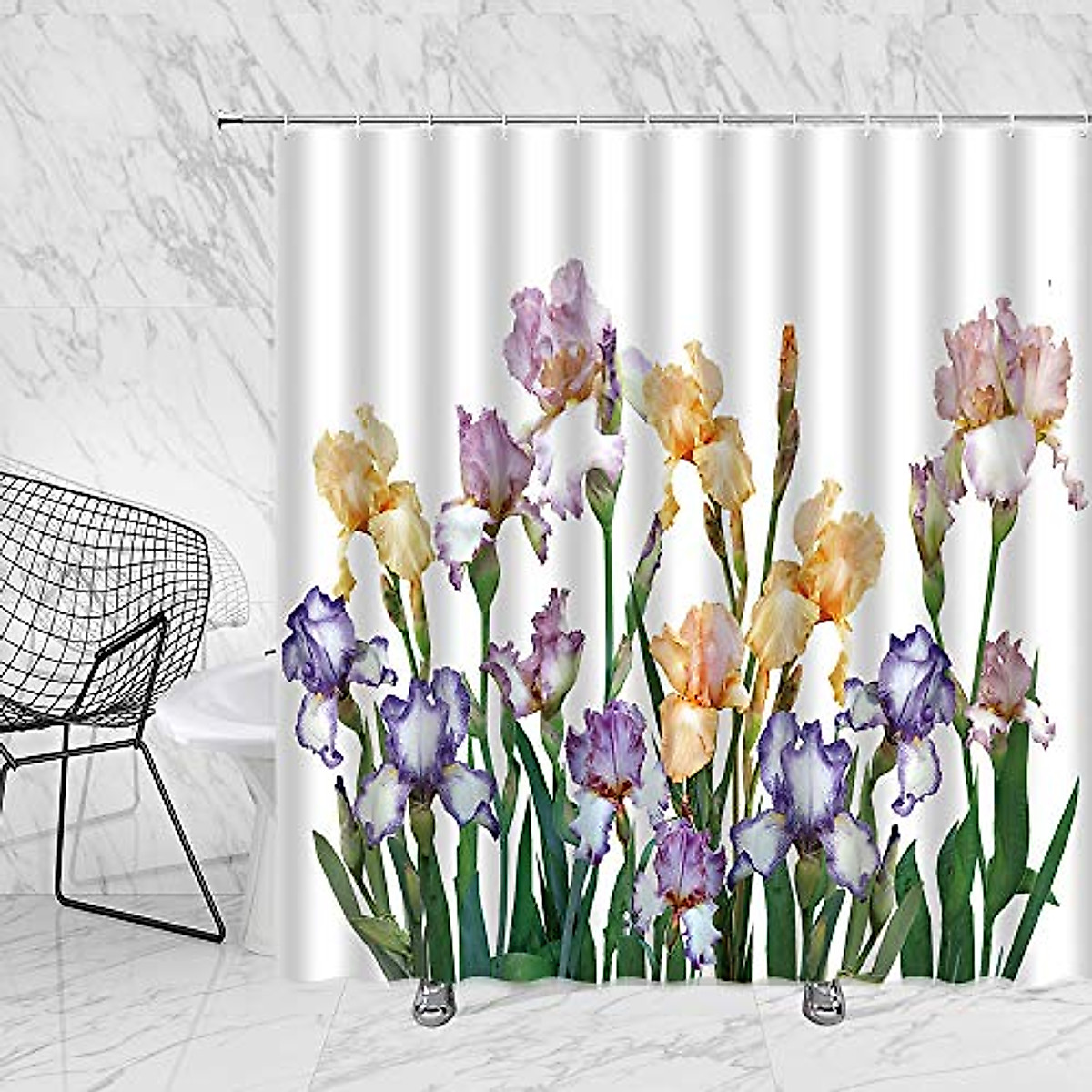 BOYIAN Flower Shower Curtain German Iris Floral Decor Spring Nature Theme Green Leaves Purple Fabric Bath Curtains Bathroom Accessories Polyester with Plastic Hooks 70x70 Inch