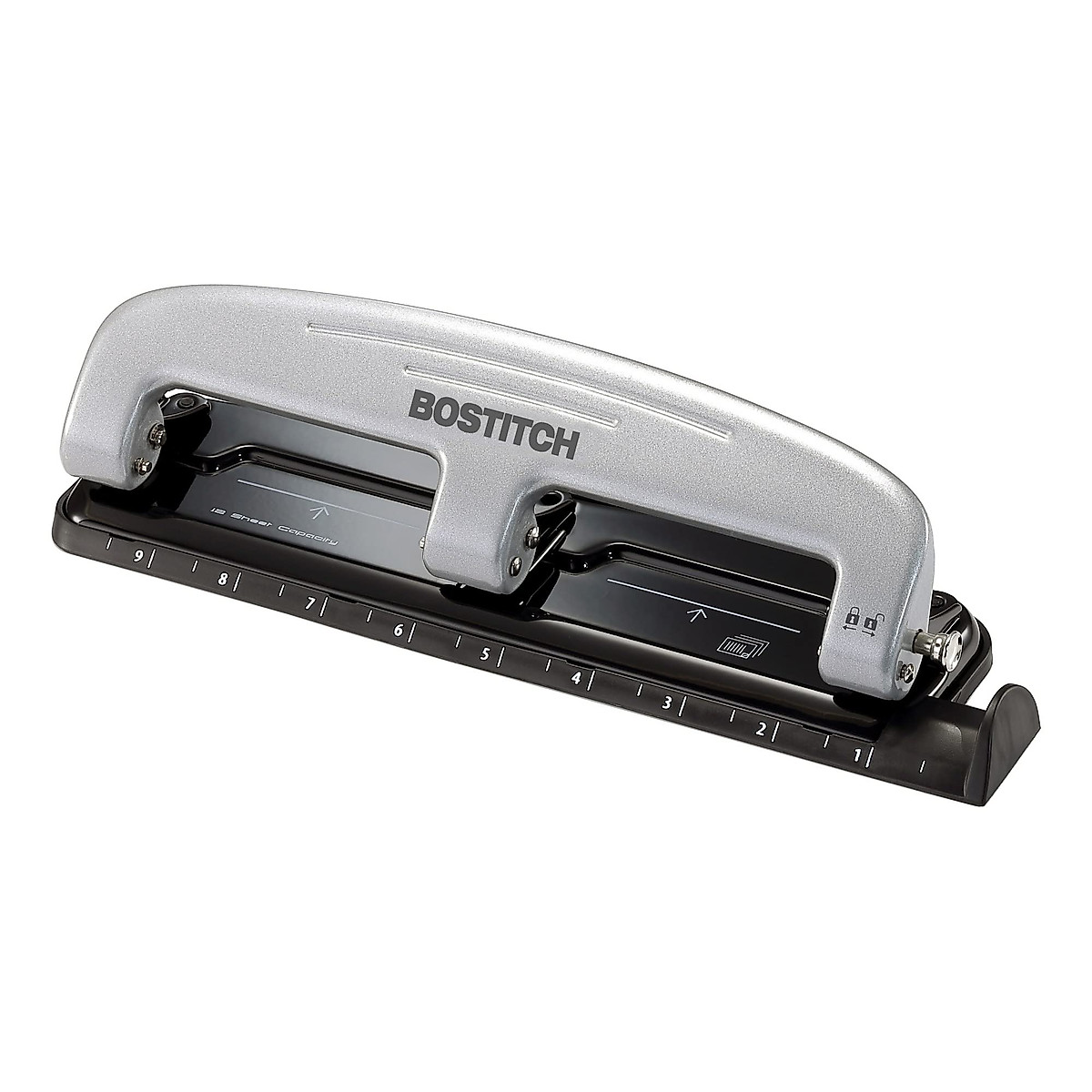 Bostitch Office Three-Hole Punch, Silver/Black (2101), 12 Sheet Black