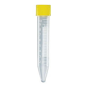 Globe Scientific 6293 Polypropylene General Purpose Centrifuge Tube with Attached Yellow Screw Cap, Sterile, 10mL Capacity (Case of 1000)