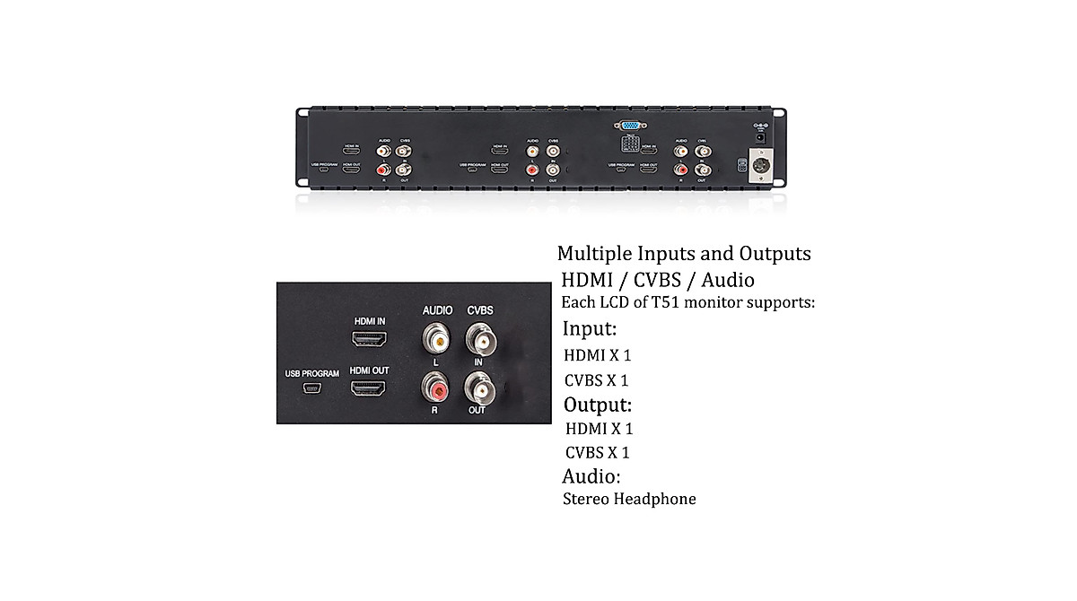 FEELWORLD T51-H Triple 5" 2RU 800×480 Broadcast LCD Rack Mount Monitor ...