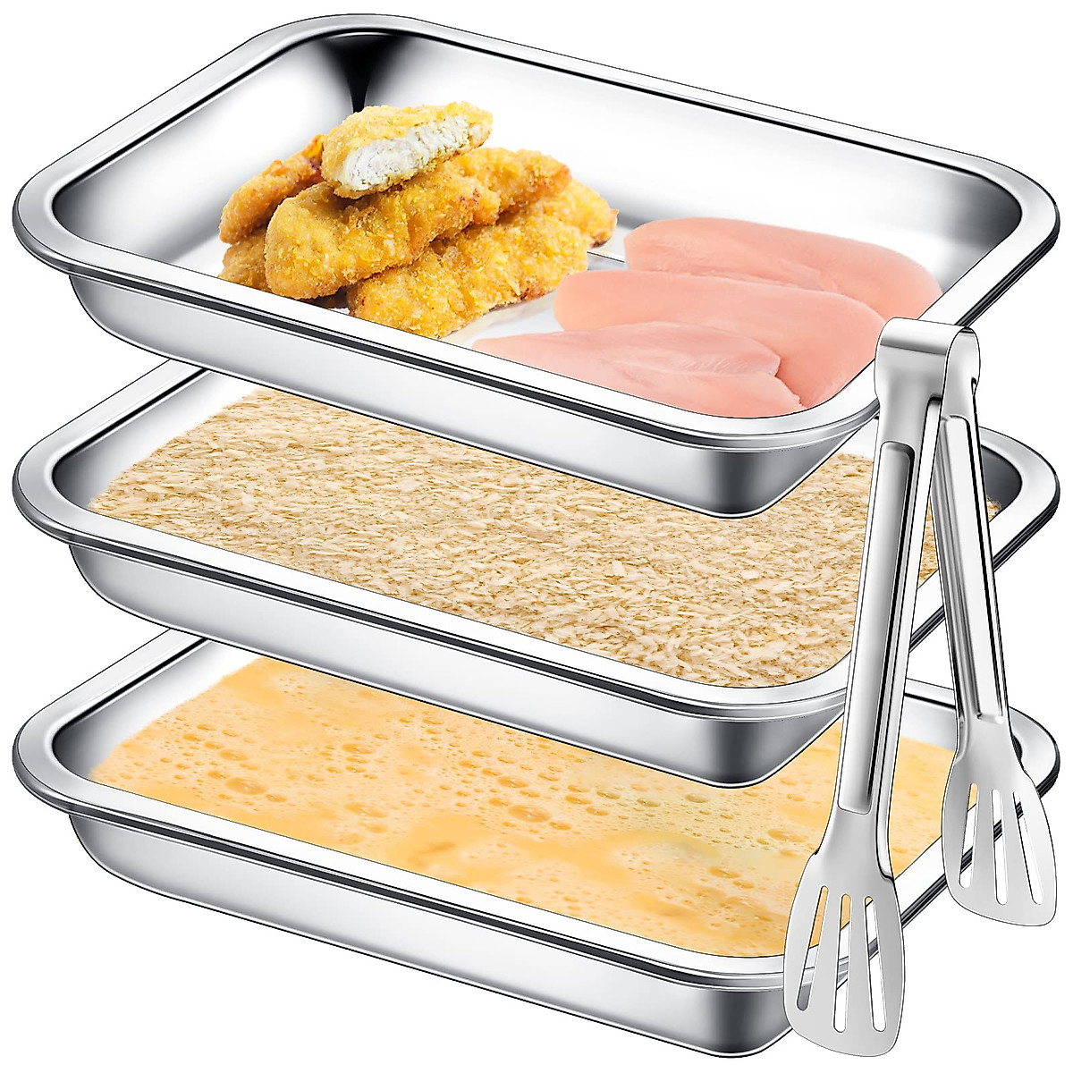 Breading Trays Set of 3 Large 10.4 x 7.7 x 1.9 Inch Stainless Steel Breading Pans with Tong for Dredging Chicken Breasts and Marinating Meat, Food Prep Trays for Breadcrum Dishes, Schnitzel