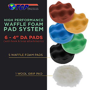6 Pad Kit of 4" DA Polishing Pads with 5 Waffle Foam & 1 Wool Grip Pads - High Performance TCP Global Brand - Buff, Polish & Detail Car Auto Paint - Boat Gelcoat, Fiberglass Polisher Pads