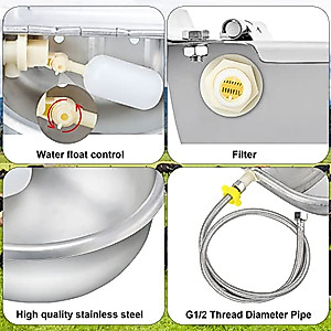 Automatic Water Feeder Trough Bowl with 1 Pipe Hose, with 2 Float Ball Valves and 1 Double Female Brass Swivel Connector, Stainless Steel Automatic Water Dispenser for Dog Pig Horse Cattle Goat Tool
