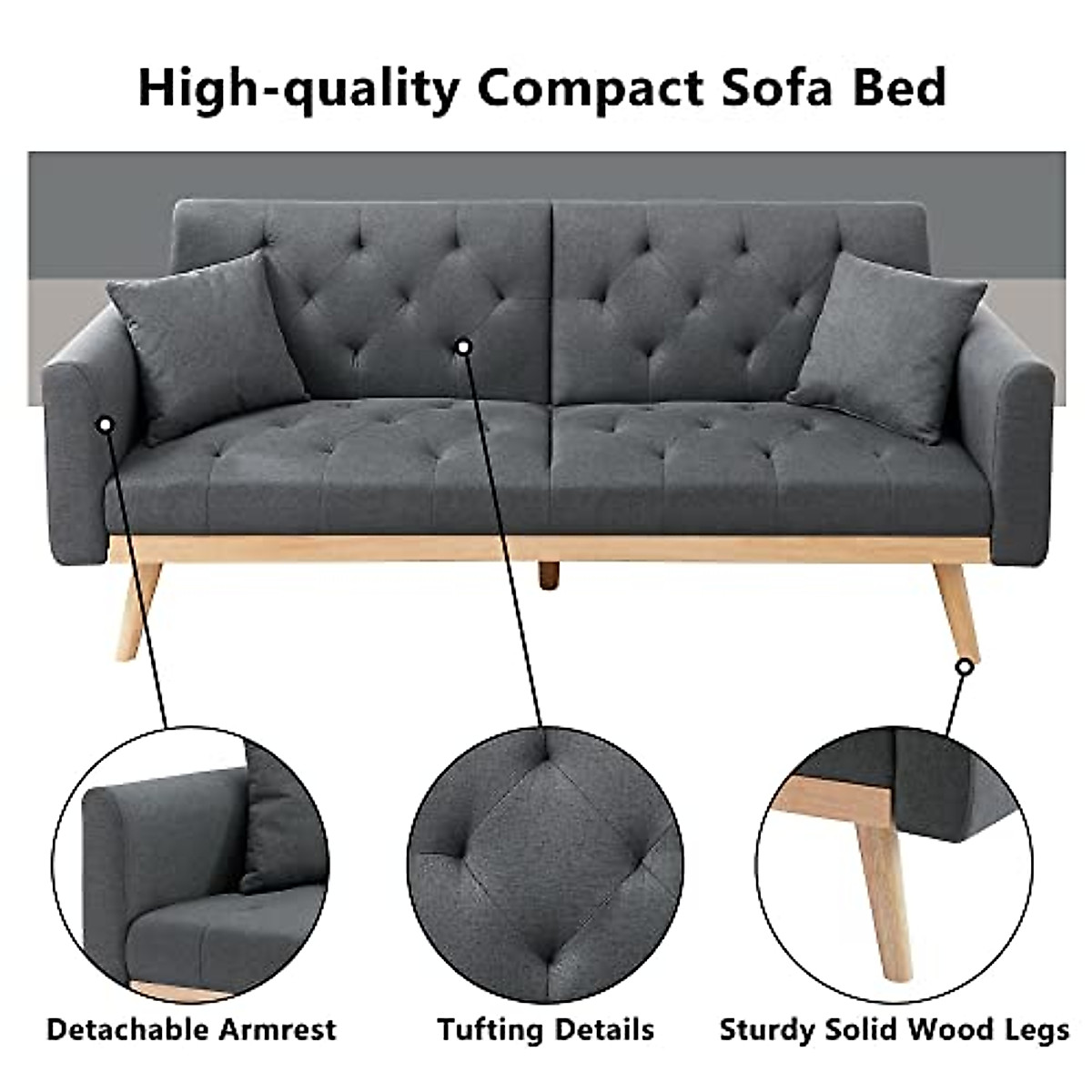 DKLGG Modern Futon Sofa Bed, Convertible Bed Folding Linen Fabric Sofa Bed Couch with Two Pillows, Adjustable Backrest Loveseat Couch Sofa, Sleeper Sofa Couch with Removable Armrests for Living Room