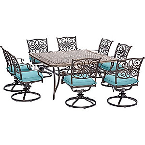 Hanover Traditions 9-Piece Rust-Free Aluminum Outdoor Patio Dining Set, 8 Swivel Rockers and Aluminum Square Dining Table & DC America UBP18181-BR 18-Inch Cast Stone Umbrella Base