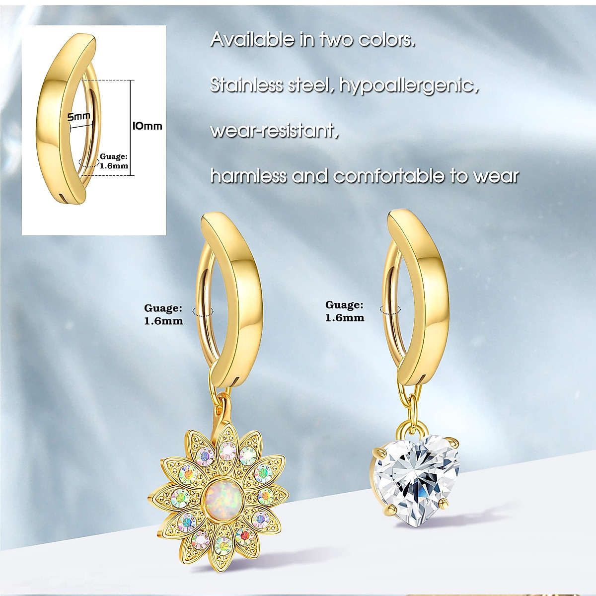 ORAZIO 14G Clicker Belly Button Ring for Women Stainless Steel Clicker Belly Rings Dangling CZ Heart Evil Eye Gold Belly Button Piercing Reverse Curved Barbell Navel Piercing Jewelry