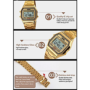 VIGOROSO Men Lady Vintage Retro Gold Stainless Steel Digital Casual Watch Alarm Stopwatch(Gold)