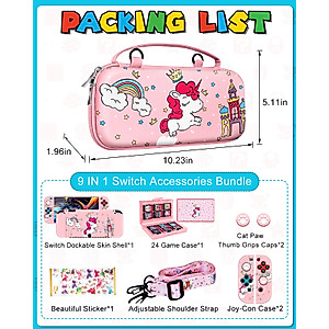 Xinocy for Nintendo Switch OLED 9 in 1 Storage Accessories Kit with Travel Carrying Case+Switch Protective Cover+Game Case Holder+Strap+Sticker+2 Joycon Shells+Thumb Caps Cute for Kids Girls-Cards