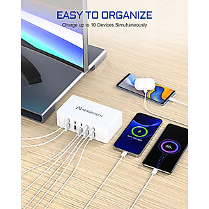 Aergiatech USB C Charger Station, 10-Port 100W Charging Hub with PD3.0 and QC3.0 Fast Charging for Multiple Devices, Compatible with iPhone 15/Pro/14/13, iPad Air/Pro, Galaxy -White