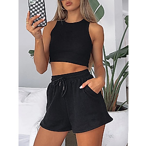 Lingswallow 2 Piece Women Lounge Sets - Sleeveless Crop Top and Shorts Waffle Lounge Set Tracksuits Sweatsuits for Women