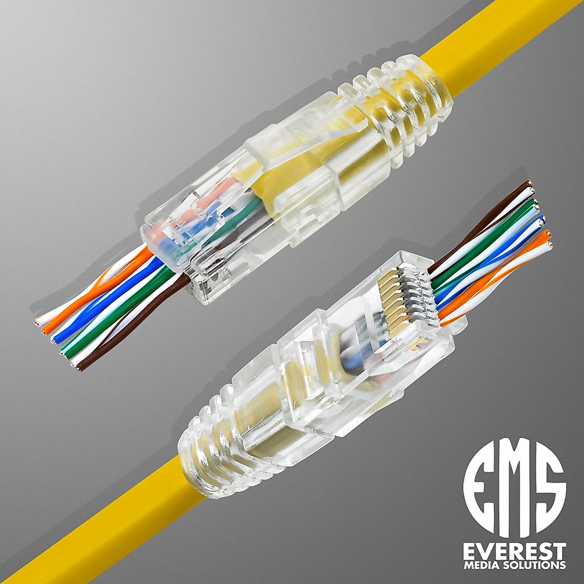 Everest Media Solutions RJ45 Cat6 Pass Through Connectors and Strain Relief Boots - Pack of 100/100 - EZ to Crimp Modular Plug for Solid or Stranded UTP Network Cable - Male Ethernet Connector End