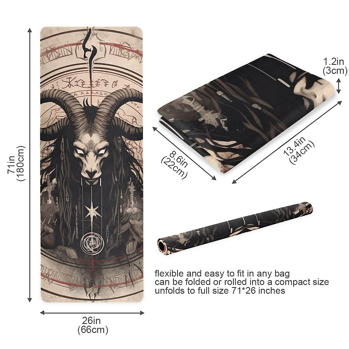 GOODOLD Satanic Circle Yoga Mat, 71 x 26 Inch Non-slip Yoga Mats Folding Travel Exercise Mat Indoor Outdoor Gym Pilates with Storage Bag for Women Men