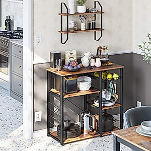 VASAGLE ALINRU Kitchen Baker’s Rack, Coffee Bar, Microwave Oven Stand, with Steel Frame, Wire Basket, 6 Hooks, 35.4", Rustic Brown