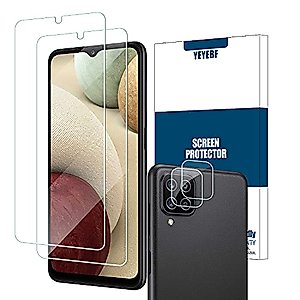 Galaxy A12 Tempered Glass Screen Protector + Camera Lens Protectors by YEYEBF, [2+2 Pack] [3D Glass] [Bubble-Free] [Anti-Glare] for Samsung Galaxy A12
