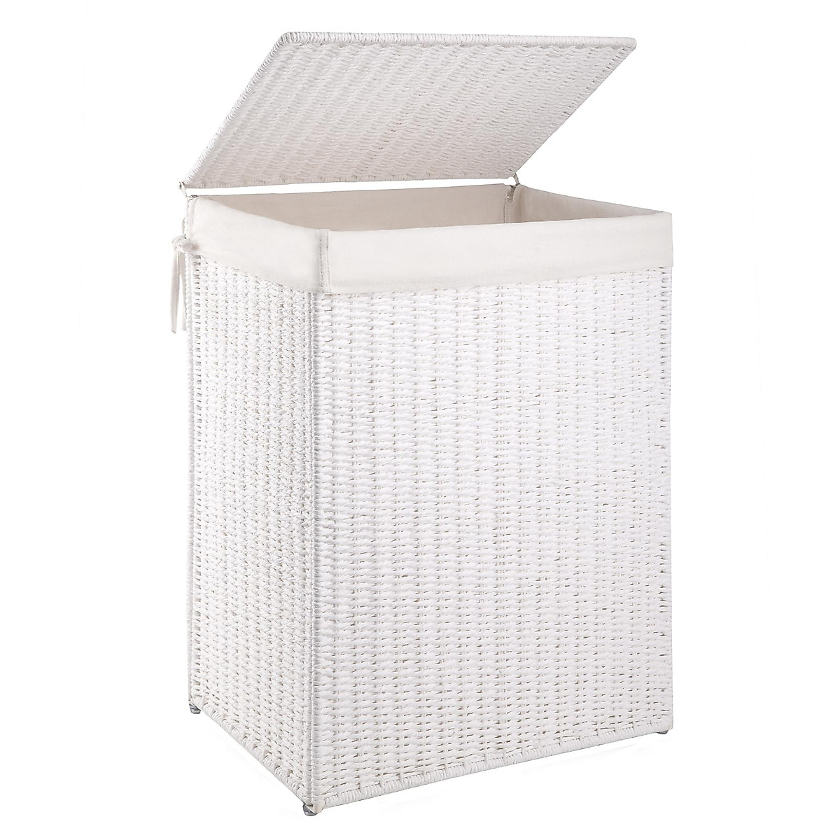 OIAHOMY Laundry Hamper with Lid, 23.8 Gal (90L) Wicker Hamper with Removable Liner Bags, Handwoven Clothes Hamper with Handles, Foldable Woven Paper Rope Hamper for Laundry Room, Bedroom-White