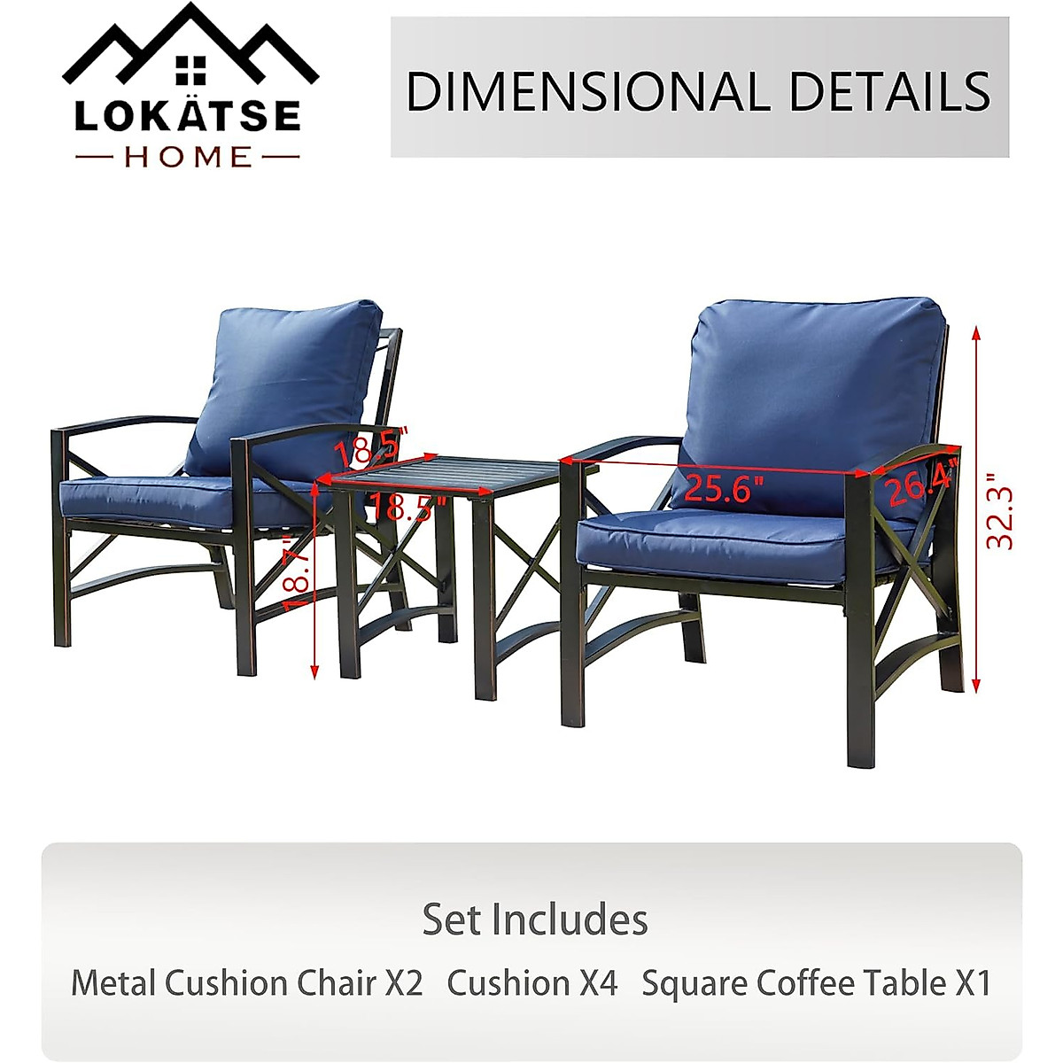 LOKATSE HOME 3 Piece Outdoor Patio Chairs Set with Table, Bistro Furniture Metal with Cushions, Blue