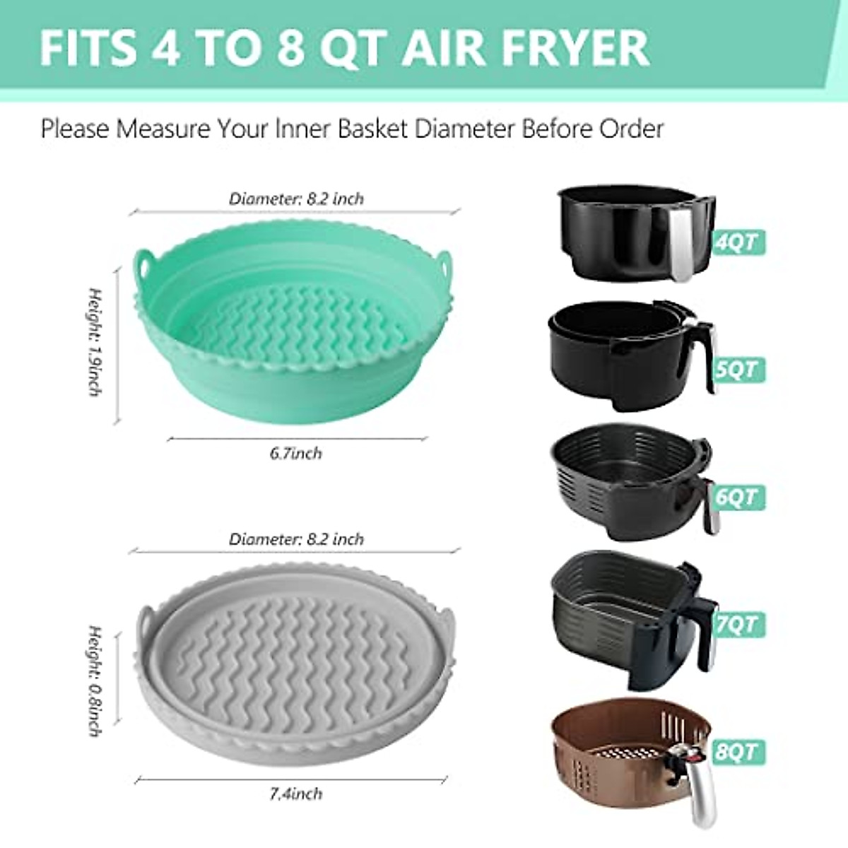 Onite Air Fryer Silicone Liners, Air Fryer Liners Square Pot for 4 to 8 QT, with Air Fryer Magnetic Cheat Sheet, Food Safe Reusable Air Fryers Oven Accessories, 4 Colors