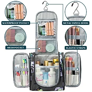 PAVILIA Toiletry Bag Travel Bag for Women Men, Hanging Cosmetic Organizer, Water Resistant Makeup Bag for Accessories Toiletries, Large Travel Essentials Kit (Floral Grey)