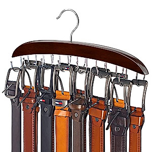 Belt Hanger, 14 Hooks Belt Holder for Closet, Wooden Tie/Belt Rack for Storage, 360°Rotating Belts Organizer for Closet Space Save Organizer for Tie, Tank Top, Scarf-Walnut Wood with Chrome Hooks
