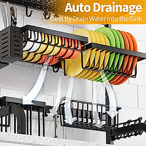 Urackify Over The Sink Dish Drainer Drying Rack, Adjustable (25.19"-37.4") Over Sink Dish Drying Rack, Extra Large Extendable Dish Rack Above Kitchen Sink, 3 Tier Dish Strainer with Storage Basket