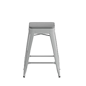 Flash Furniture Cierra 4 Pack Commercial Indoor Counter Height Stools - Silver Galvanized Steel Frame - Gray All-Weather Poly Resin Seat - 24" High - Backless