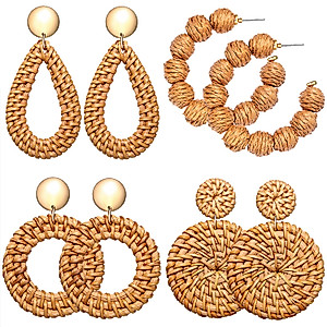 Rattan Earrings Boho Rattan Ball Hoop Earrings for Women Handmade Summer Beach Raffia Dangle Earring Set Statement Straw Wicker Earrings Gifts (4Pairs Rattan Set)