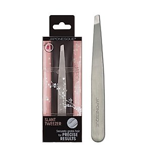 JAPONESQUE Slant Tweezer, with Precision Crafted, Hand Sharpened Tips for Shaping and Defining Brows, Includes Protective Storage Pouch