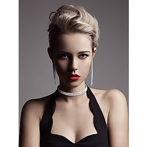 Women Rhinestone Stretch Bracelet Bangle Crystal Rhinestone Necklace Ring Dangle Fringe Earrings (Silver)