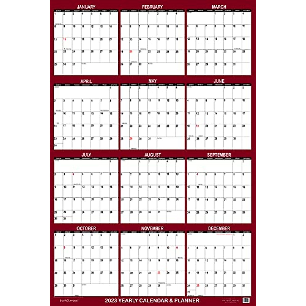 18" x 24" SwiftGlimpse 2023 Wall Calendar Erasable Large Wet & Dry Erase Laminated 12 Month Annual Yearly Wall Planner, Reversible, Horizontal/Vertical, Maroon