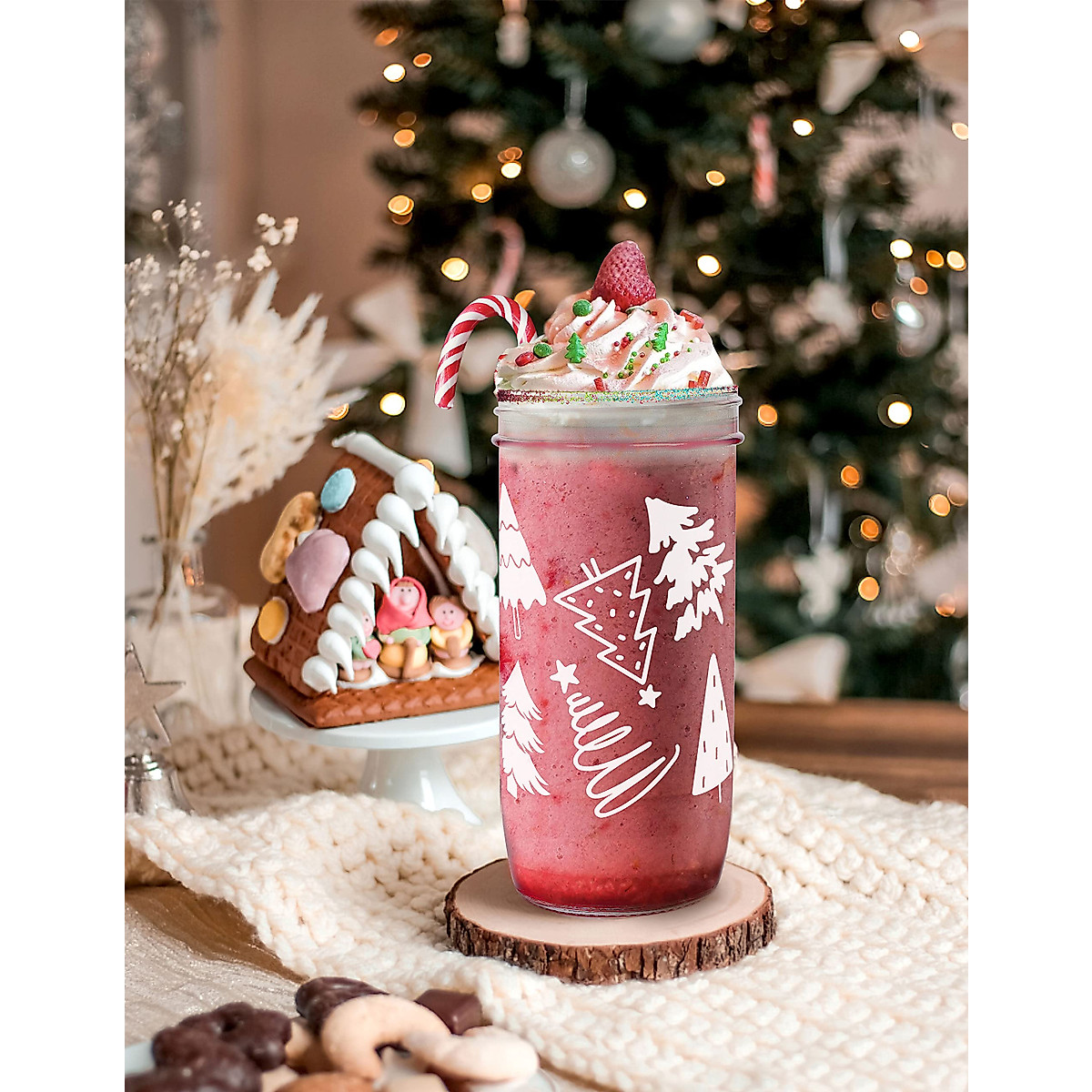 ANOTION Useful White Elephant Gifts for Adults Holiday, 24oz Christmas Mugs Mason Jars Cups with Lid and Straw Tumbler Drinking Glasses Coffee Cups Cookie Jar Glassware Gift for Women Men Mom