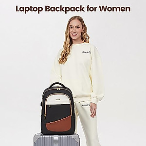 LOVEVOOK Laptop Backpack for Women, College Travel Copmputer Backpack, 17.3 Inch Work Backpacks with USB Port,Waterproof Back Pack with Laptop Compartment for Teacher Nurse,Black-White-Brown