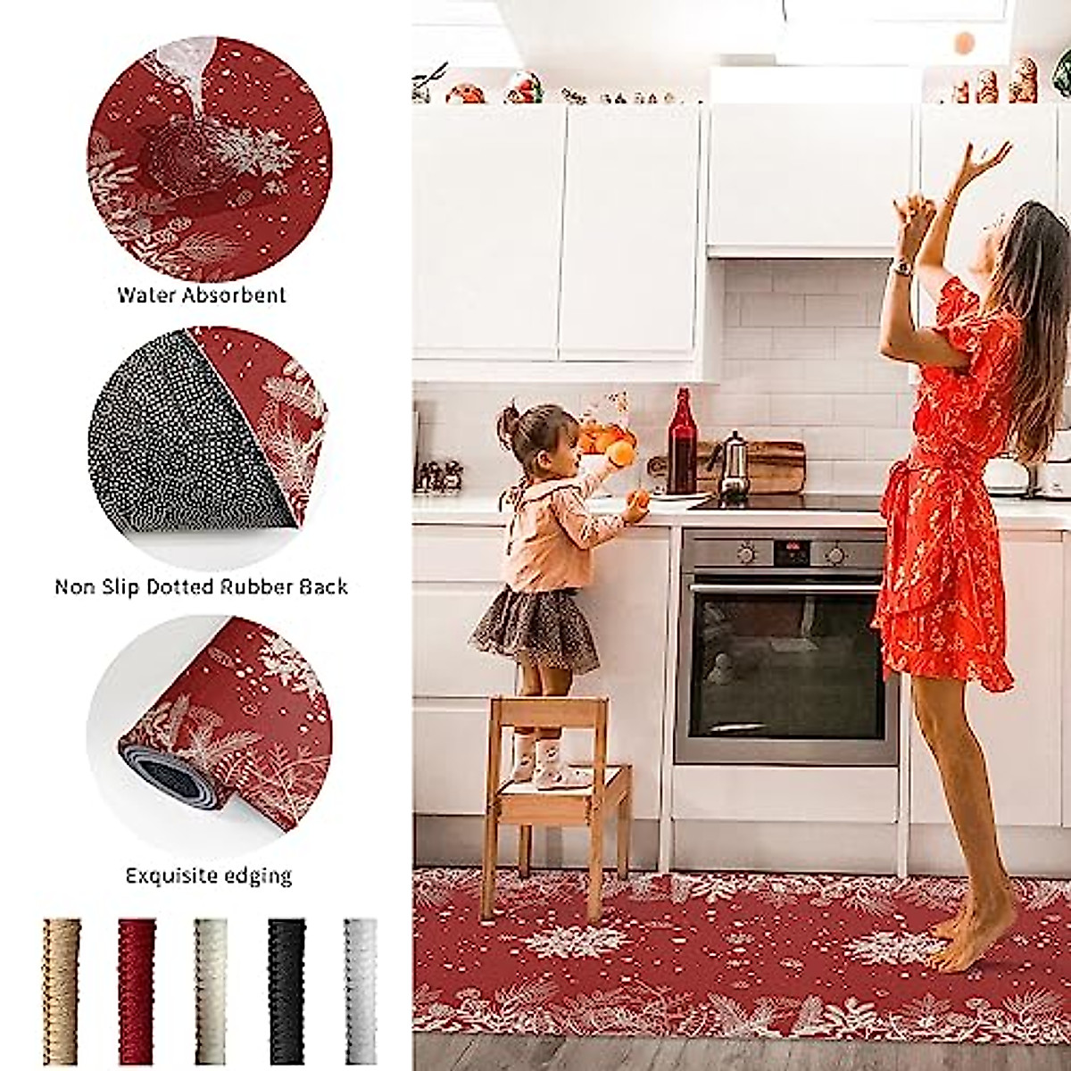 Christmas 2Pcs Kitchen Rugs, Anti Fatigue Kitchen Mat Non Slip Rug Runner Comfort Standing Floor Mats Kitchen Carpet Set for Sink, Laundry - Christmas Snowflakes with Plants Red Texture