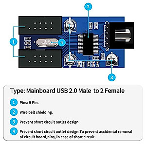 ELECTOP 9 Pin 2 in 1 Internal USB Splitter Cable, 9 pin USB Header Male 1 to 2 Female Extension Connector Adapter, USB 2.0 HUB Connector Port Multiplier PWM Fan Splitter Cable (30cm/0.98ft)