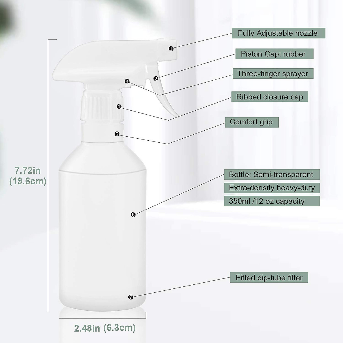 KEYDAOMLER Spray Bottle 12 oz (350 ml), Leak Proof Squirt Bottle, 3 Ways Adjustable Nozzle, Refillable Empty Spray Bottle for Cleaning, Cats, Hair, Plants, 2-Pack