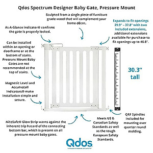 Qdos Safety Spectrum Designer Baby Safety Gate - Meets Tougher European Standards - Modern Design and Unparalleled Safety - Furniture Grade Wood - Simple Installation | Pressure Mount | White