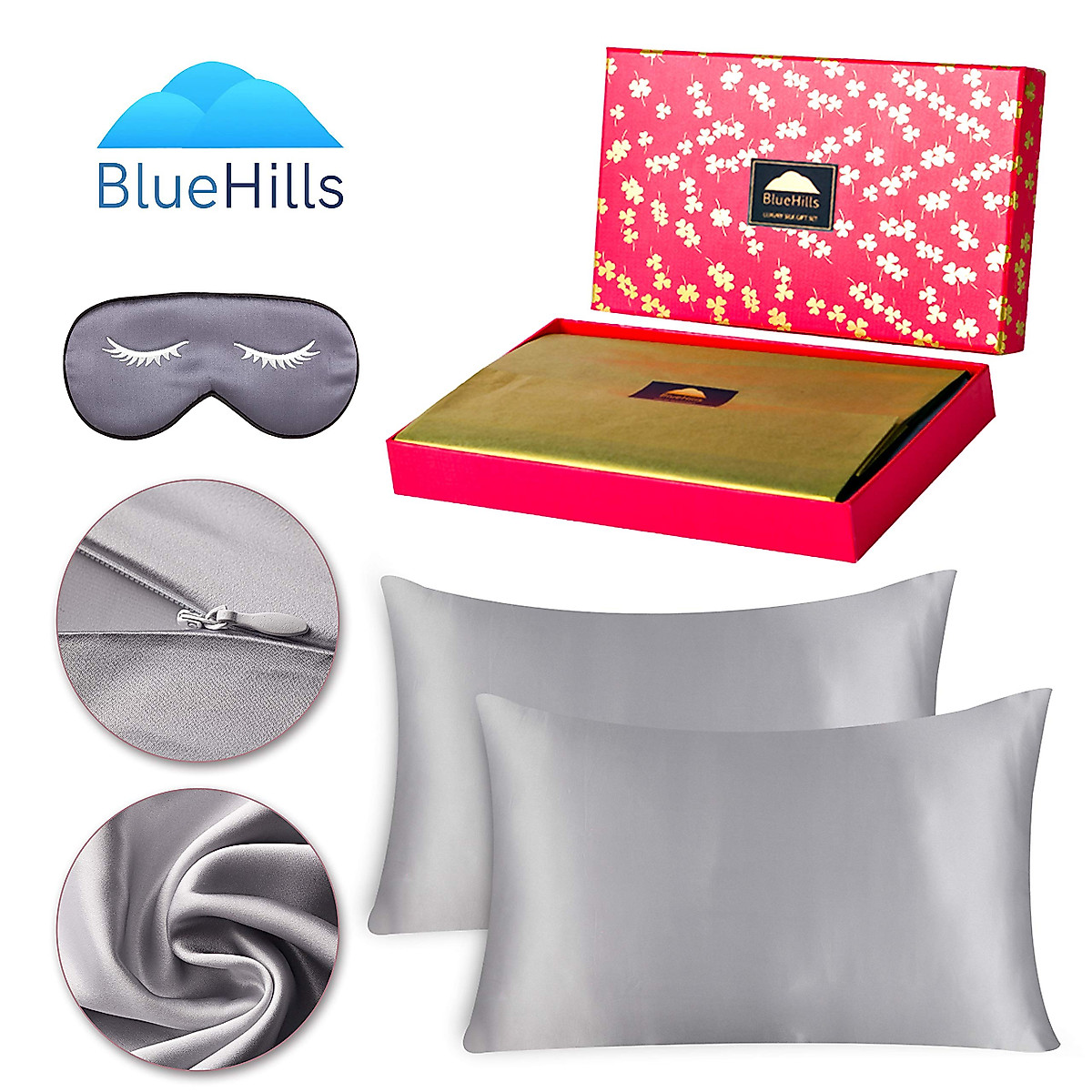 BlueHills 22 Momme 100% Pure Mulberry Natural Soft Both Sides Silk Pillowcase for Hair and Skin Hidden Zipper Luxurious 2 Pack Fine Silk Pillow Cases Gift Set (Gift Pack 3 Piece Queen, Silver Grey)