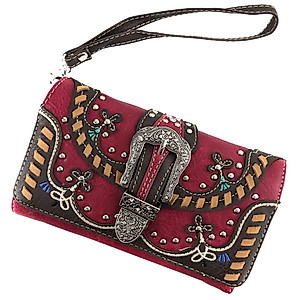 Zelris Western Moccasin Flower Buckle Women Crossbody Wrist Trifold Wallet (Rose Red)