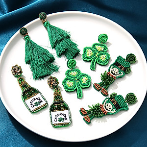 St.Patrick's Day Earrings for Women Beaded Green Shamrock Leprechaun Champagne Bottle Earrrings Lucky Gold Pot Tassel Dangle Earrings Irish Holiday Pride Jewelry Gifts