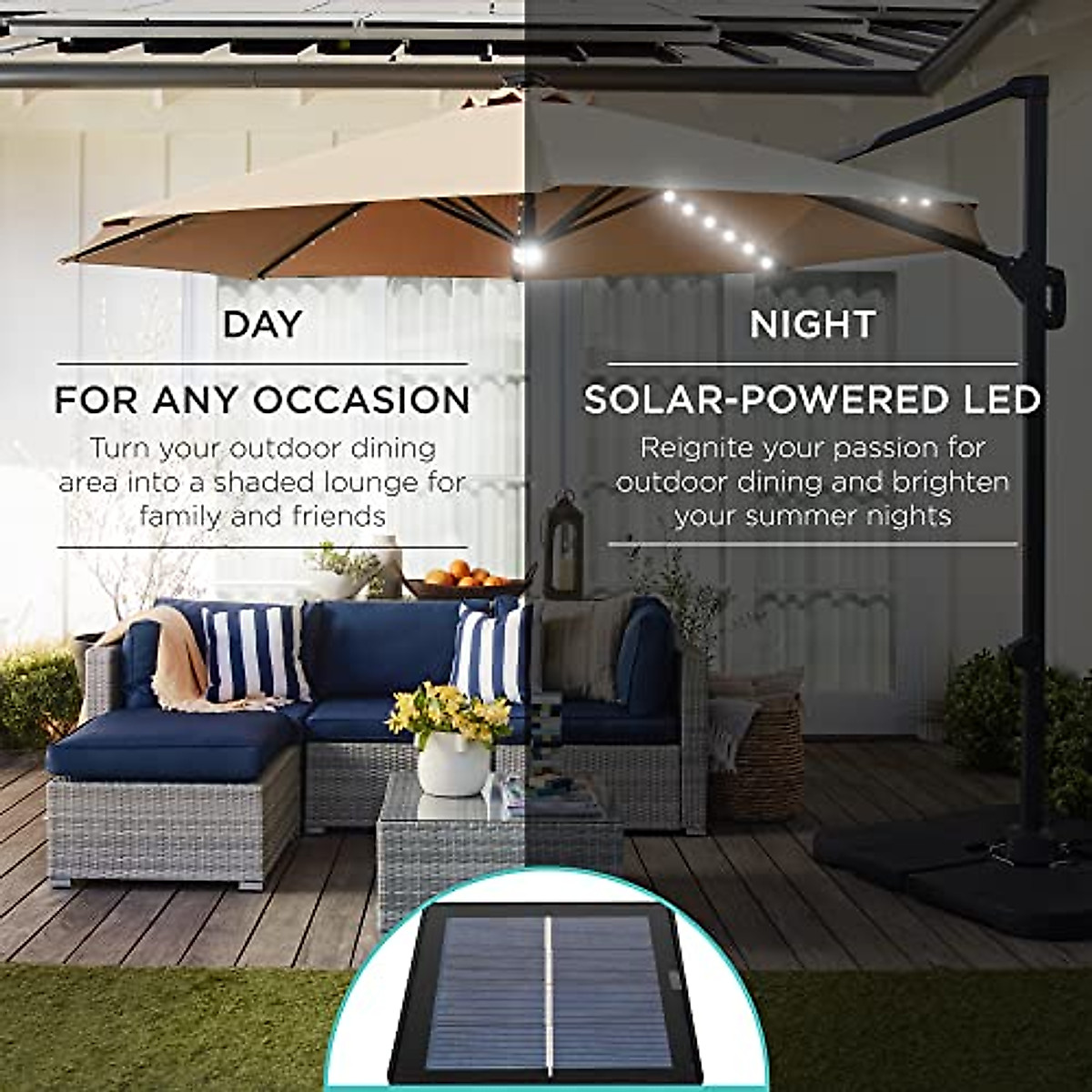 Best Choice Products 10ft Solar LED Cantilever Patio Umbrella, 360-Degree Rotation Hanging Offset Market Outdoor Sun Shade for Backyard, Deck, Poolside w/Lights, Easy Tilt, Cross Base - Tan