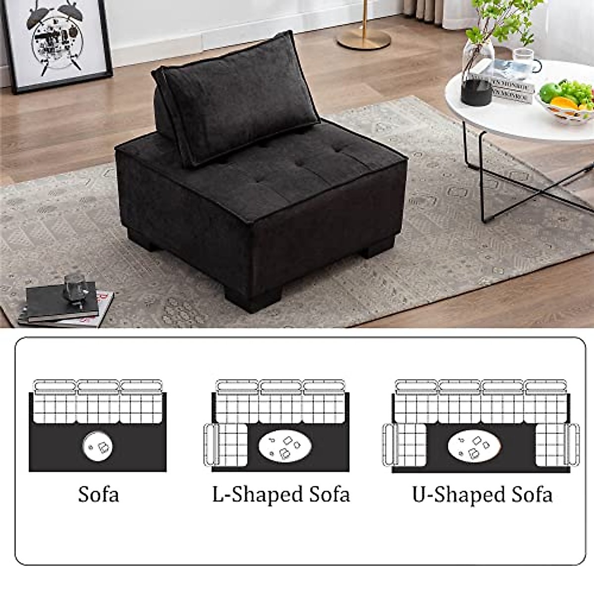 Tmosi Modular Square Armless Single Sofa Couch Chair,Modular Sectional Sofa with Sturdy Backrest and Removable Pillows,Armless Lazy Chair for Bedroom (Polyester,Black)