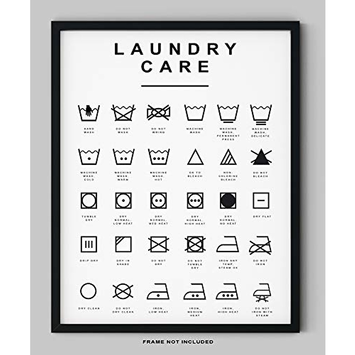 Laundry Room Decor - 11x14" UNFRAMED Print - Black And White Minimalist, Scandinavian, Modern, Typography Wall Print - Guide To Laundry Care Symbols - White Wall Art