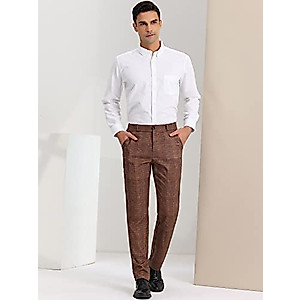 Lars Amadeus Men's Brown Plaid Dress Pants Straight Leg Flat Front Business Formal Checked Trousers 36