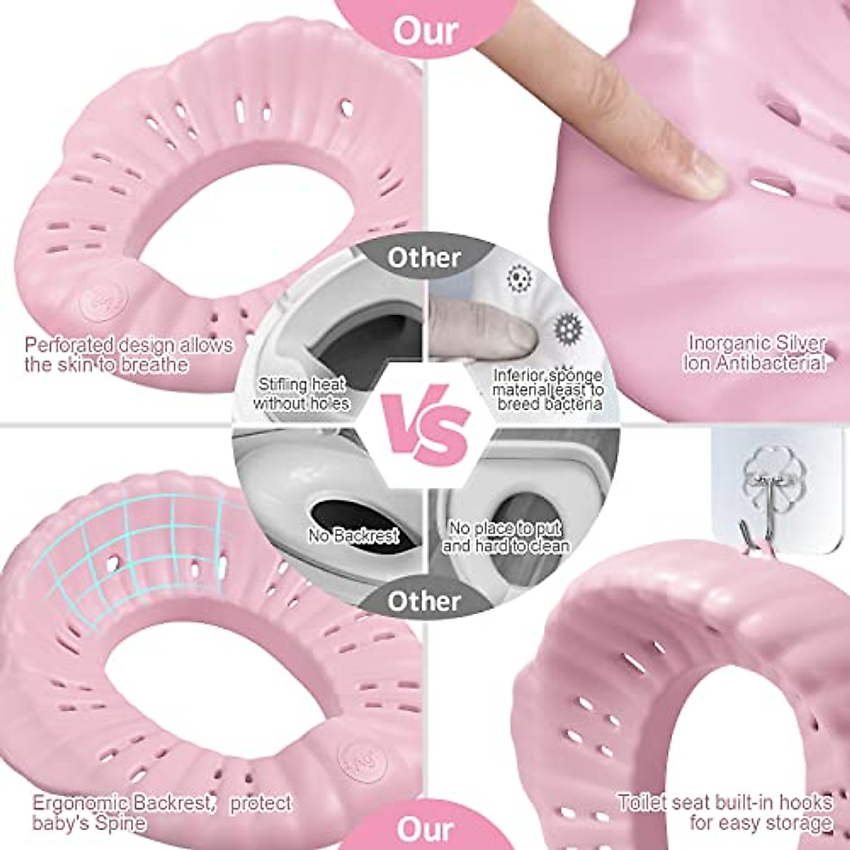 Potty Training Seat for Toddler Kids Boys & Girls, TYRY.HU Portable Toilet Seat with Ergonomic Backrest Fits Most Toilets, Upgraded Soft EVA Non-Slip Secure Easy to Clean Travel Toilet Seat,Pink