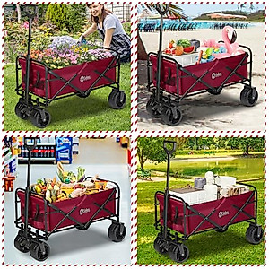 Sekey Heavy Duty Foldable Wagon with 330lbs Weight Capacity, Collapsible Folding Utility Garden Cart Big All-Terrain Beach Wheels & Drink Holders.Red