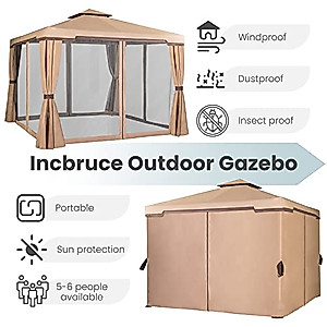 Incbruce Outdoor 10x10 Garden Gazebo, Steel Vented Double Roof Patios Canopy, Outside Gazebo with Mosquito Netting for Backyard, Lawns, Party (Brown)