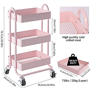 MIOCASA 3-Tier Metal Utility Rolling Cart, Heavy Duty Multifunction Cart with Lockable Casters, Easy to Assemble, Suitable for Office, Bathroom, Kitchen, Garden (Pink)